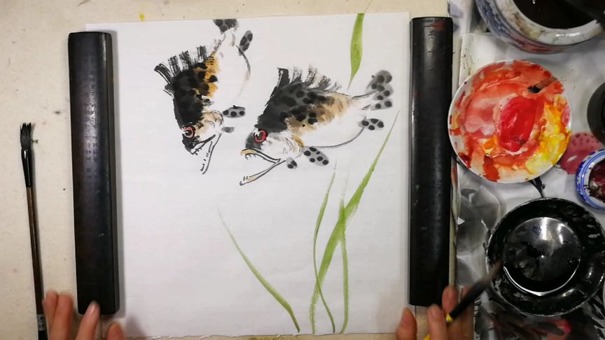 国画基础教程动物篇。鳜鱼画法:小品创作画