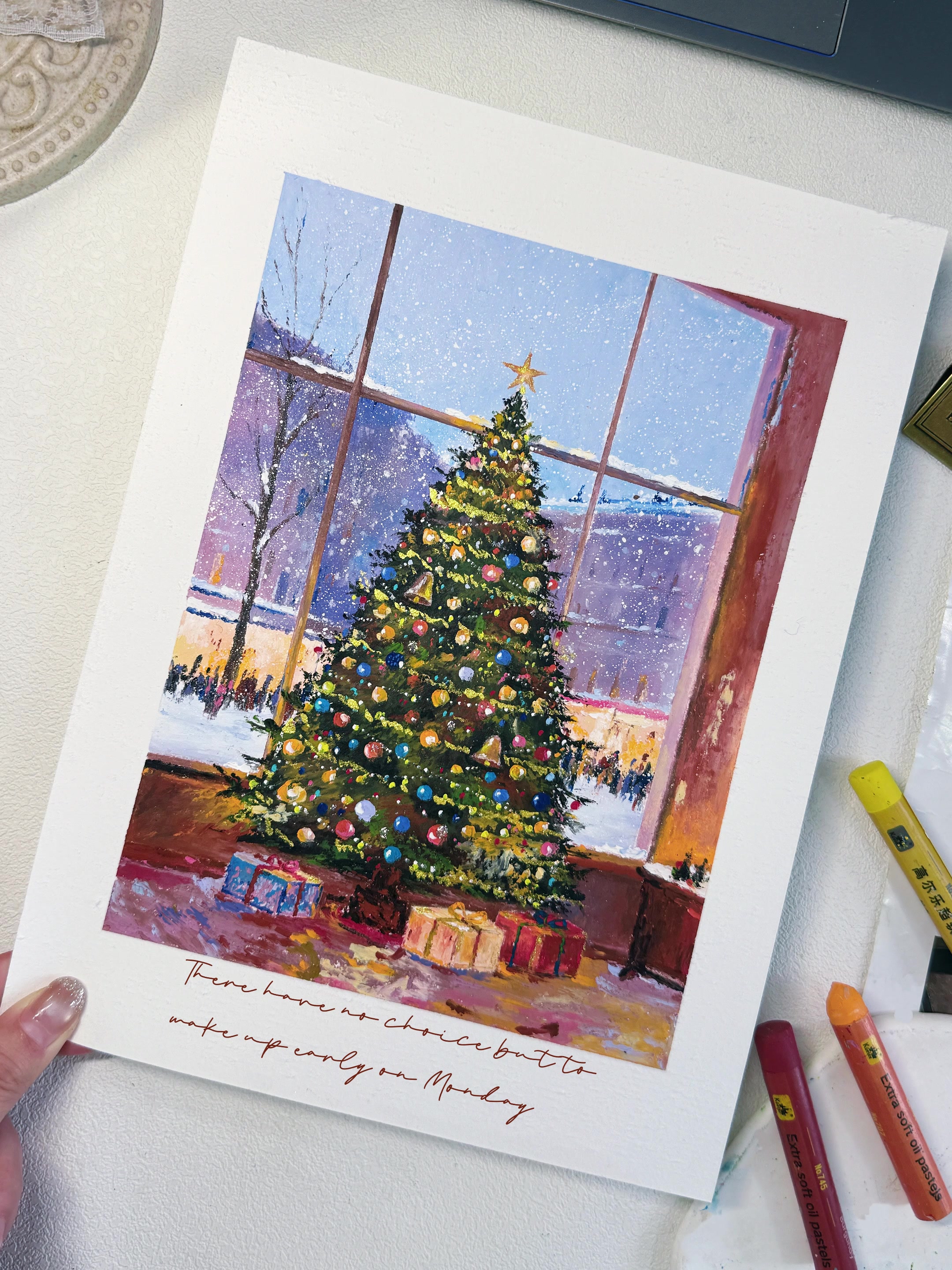 圣诞月画圣诞树|油画棒绘画教程 今天你们那下雪了吗#油画棒 #2025我...