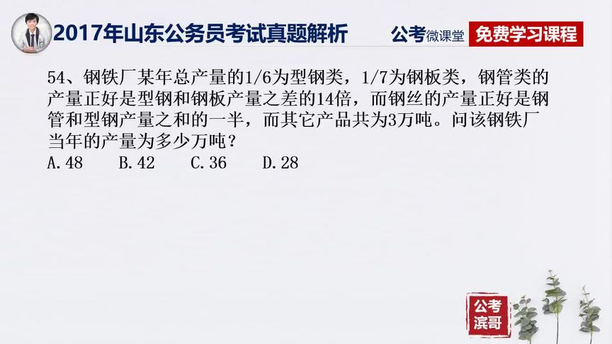 「公考微课堂」钢铁厂某年总产量的1/6为型钢类,1/7为钢板类