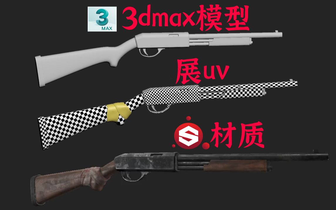 【3dmax游戏武器建模】从3dmax低模布线开始到展uv、sp材质贴图全...