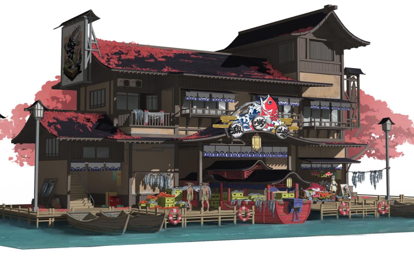 【Maya场景建模】卡通日式渔场模型制作,maya场景建模教程