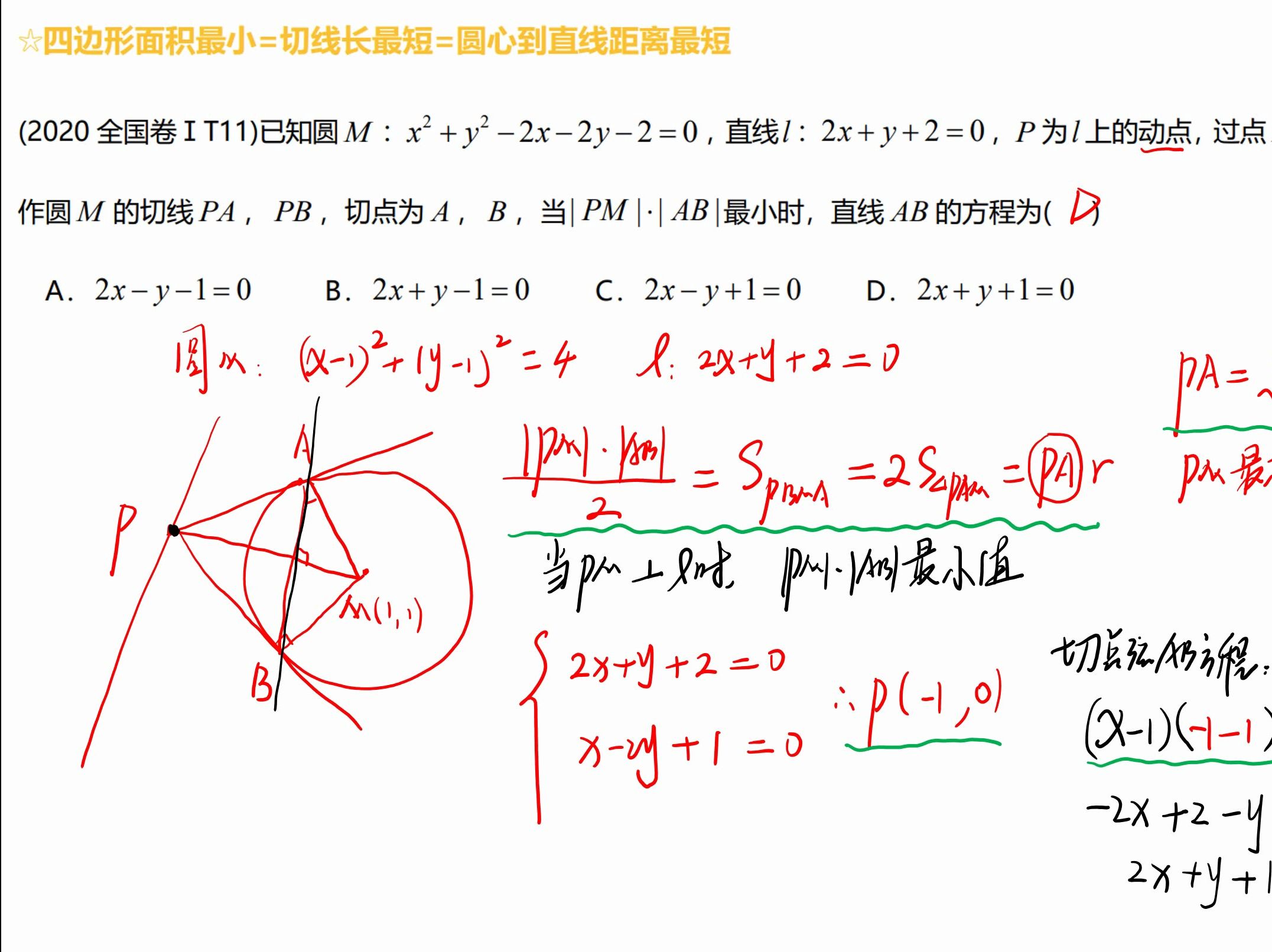 【直线与圆】H016四边形面积最小=切线常最短=圆心到直线距离最短