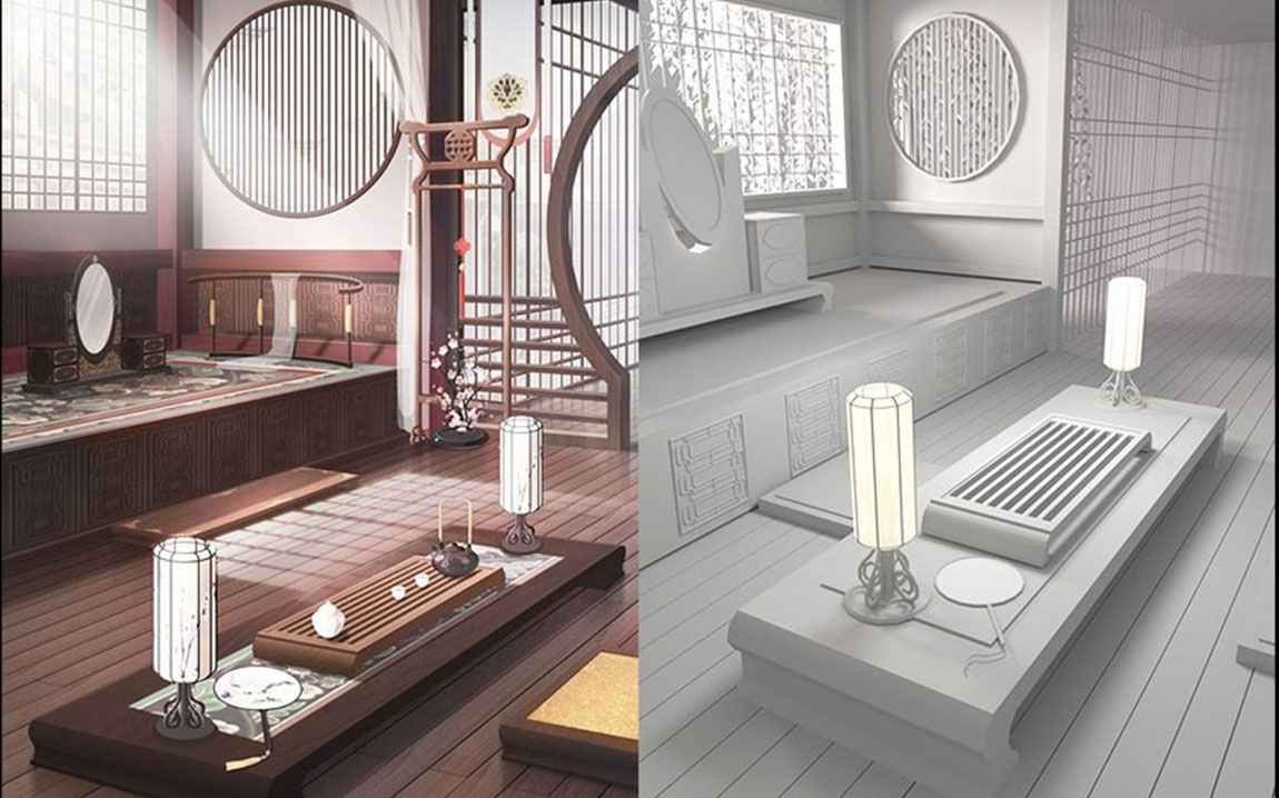 【3dmax建模】游戏古风室内场景制作,3d建筑模型布线思路讲解