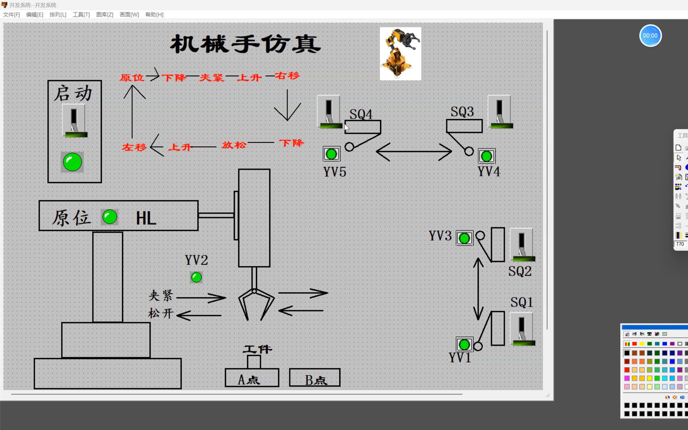 三菱PLC实验机械手的动作模拟,通过MX OPC进行组态王的仿真实验