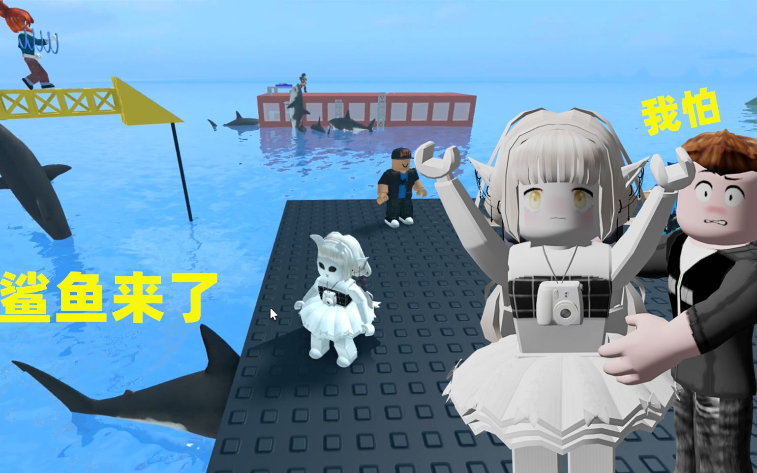 ROBLOX:海啸生存,我们被困在了一个平台上,四周都是鲨鱼_哔哩哔哩...