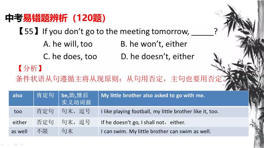中考英语易错题辨析55:四个表示【也】的用法区别