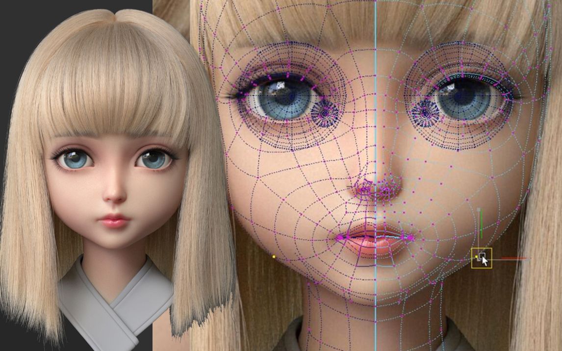 【maya人物建模】卡通“金发萝莉”模型制作,超详细人物布线卡线...