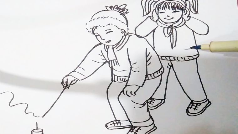 儿童简笔画,亲子画,春节放烟花爆竹