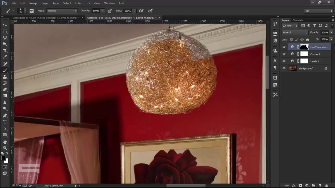 室内效果图PS校正白平衡解决溢色问题