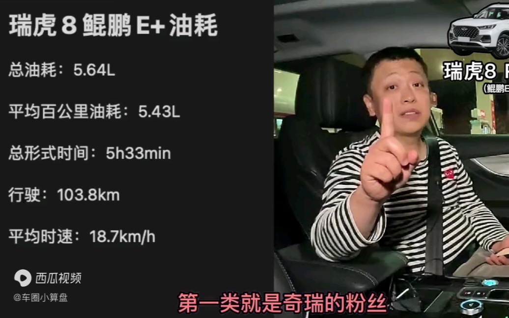 瑞虎8PLUS鲲鹏e+混动亏电城市拥堵油耗实测5.64L/100km,平均车速...