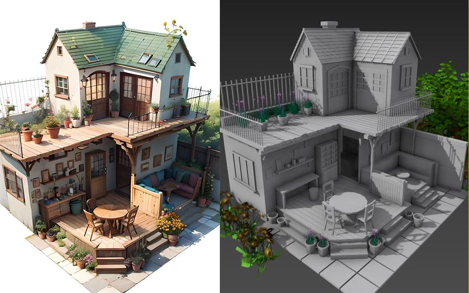 【3DMAX场景】两层小楼得模型制作。分析原画,从零开始教学制作...