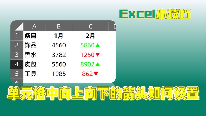 2月单元格数据对比1月,上升用绿色箭头表示,下降用红色箭头表示
