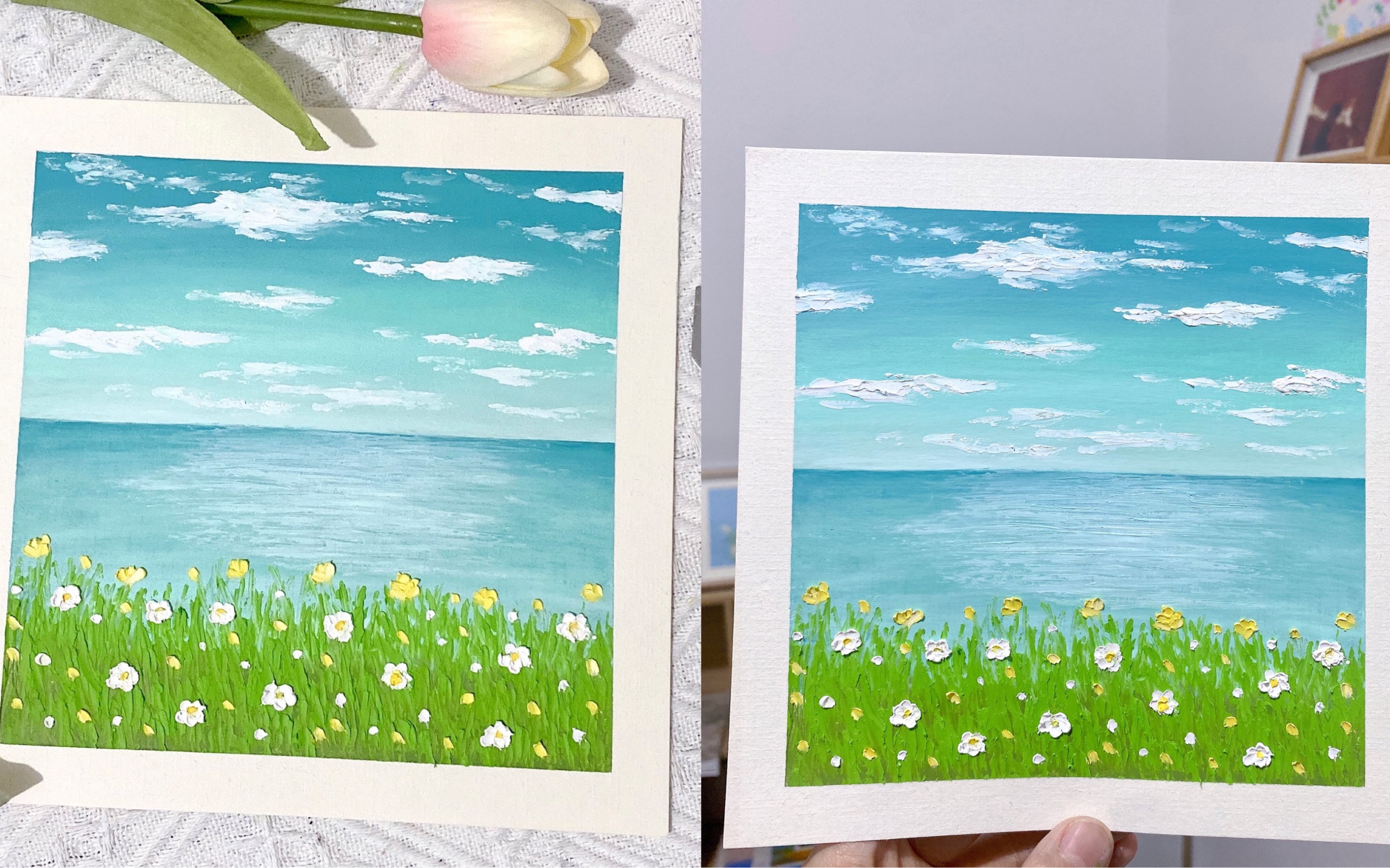 油画棒风景画 蓝绿色的海 绘画教程