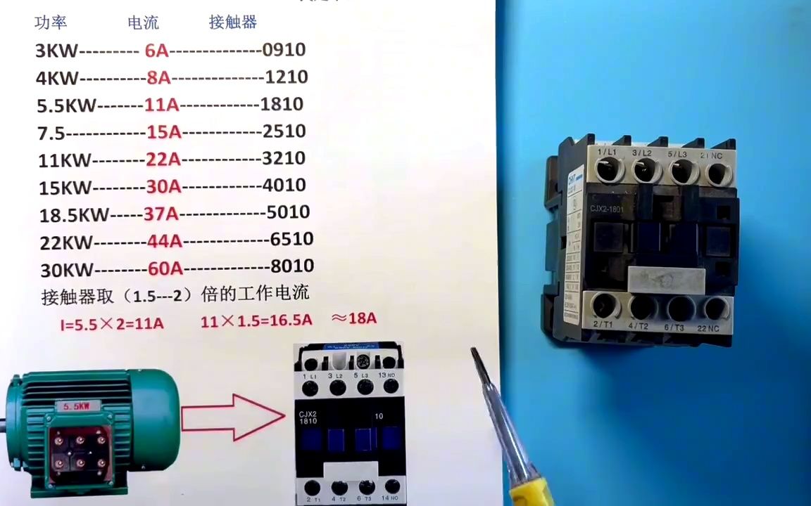 电工知识:接触器的选型对照表,15KW的电机该配多大的接触器