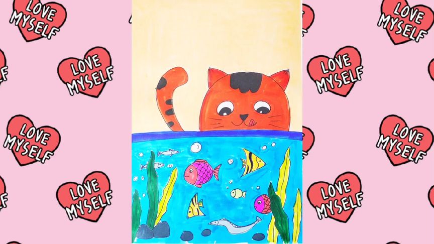 儿童画简笔画 可爱的小猫和鱼缸里的鱼 猜猜小猫在想什么