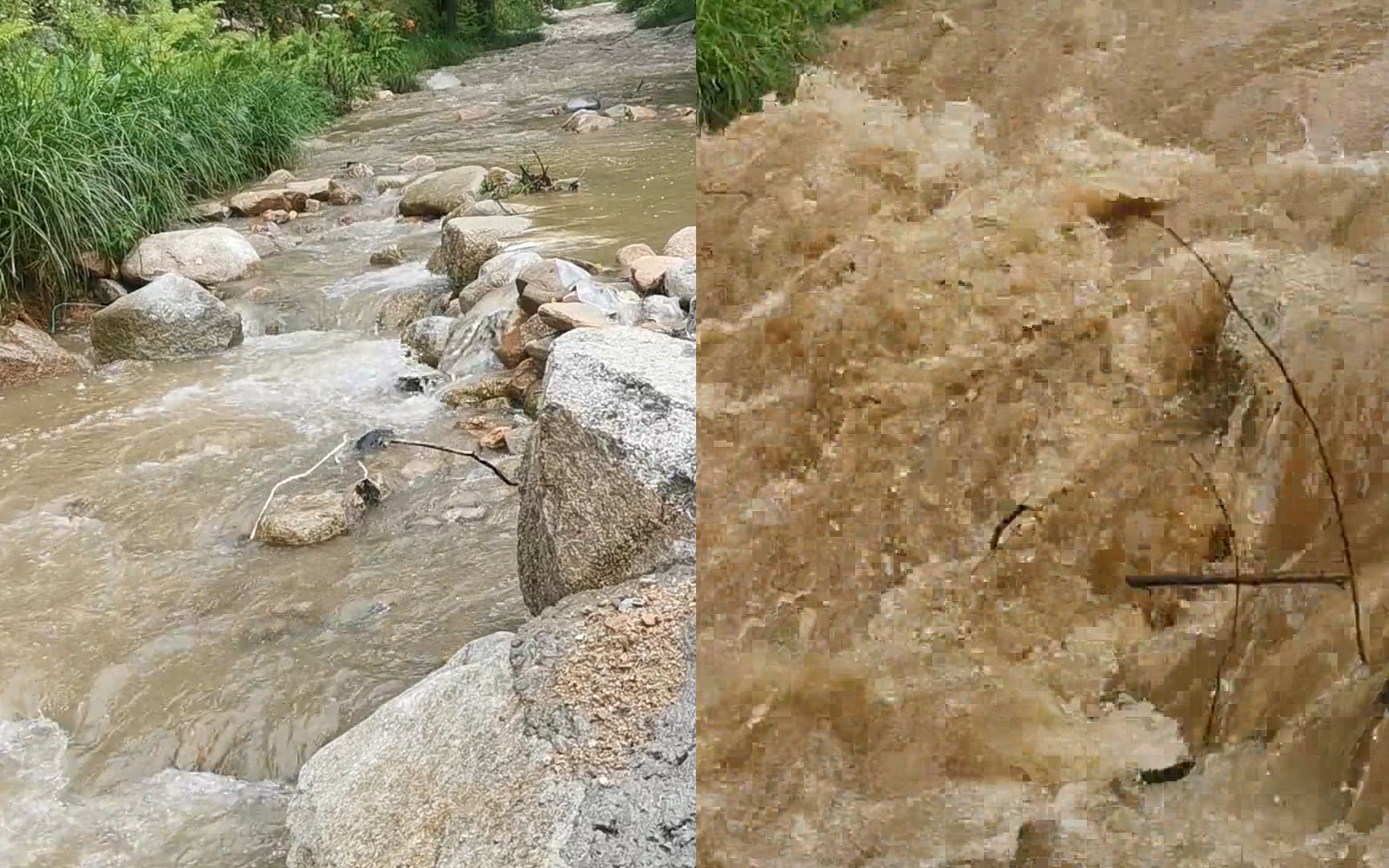 男子实拍山洪袭来瞬间,平静小溪一秒变滚滚洪流,网友直呼太吓人