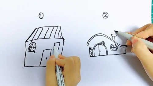 和妹妹比赛画房子,简笔画房子,儿童画,创意画,亲子画
