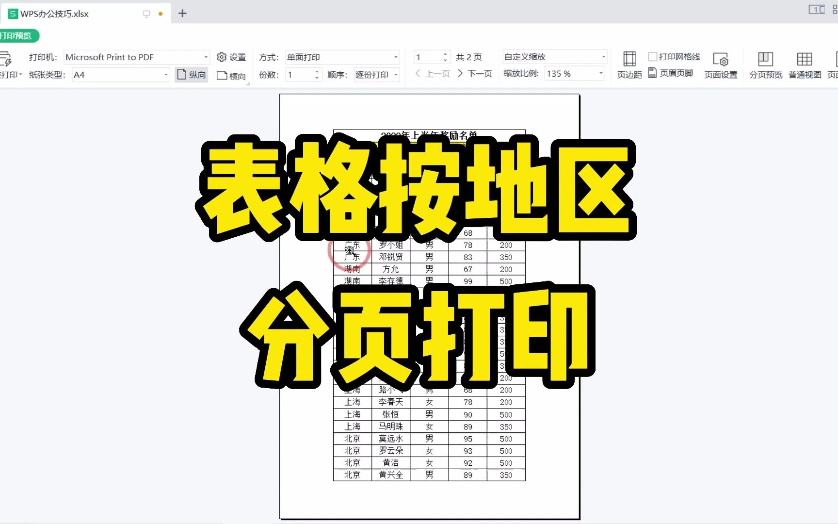 表格按不同地区进行分页打印,并且每一页都带表头,怎么设置?