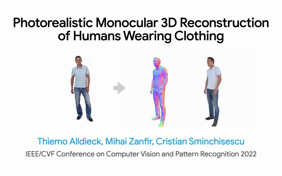 CVPR2022 | 单目3D人体重建 | Google | 穿衣人体照片级真实单目3D重建