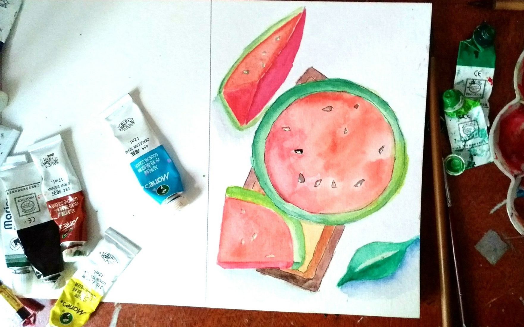 【水彩水粉-以水为媒】听说水彩水粉有区别?挑战!马利水粉12色画西瓜!