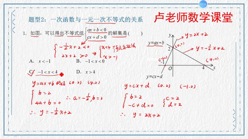八年级数学:用一次函数图像求不等式组的解,数形结合法,代数法