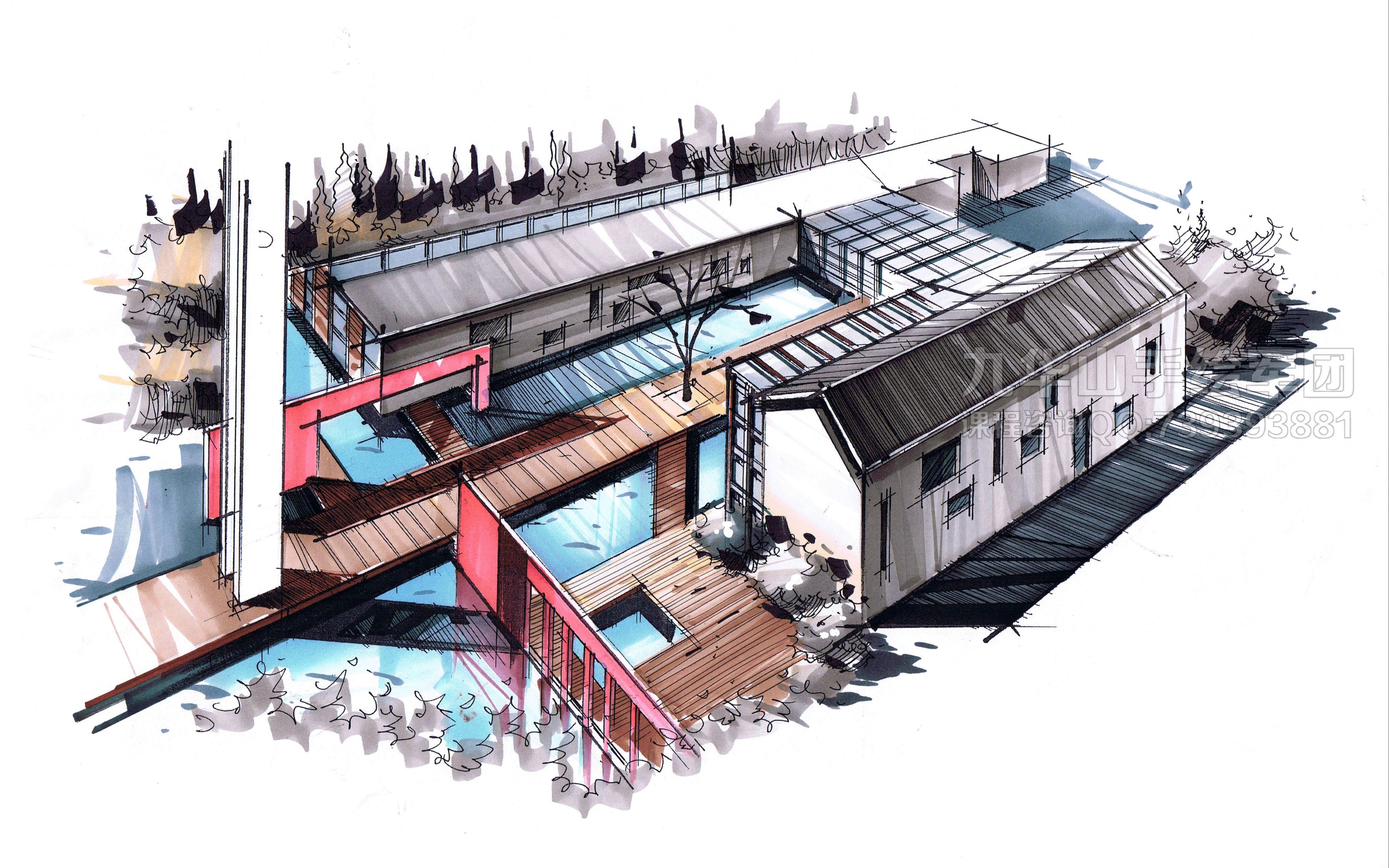 建筑快题手绘设计表达 工业厂房鸟瞰图马克技法课程演示系列一