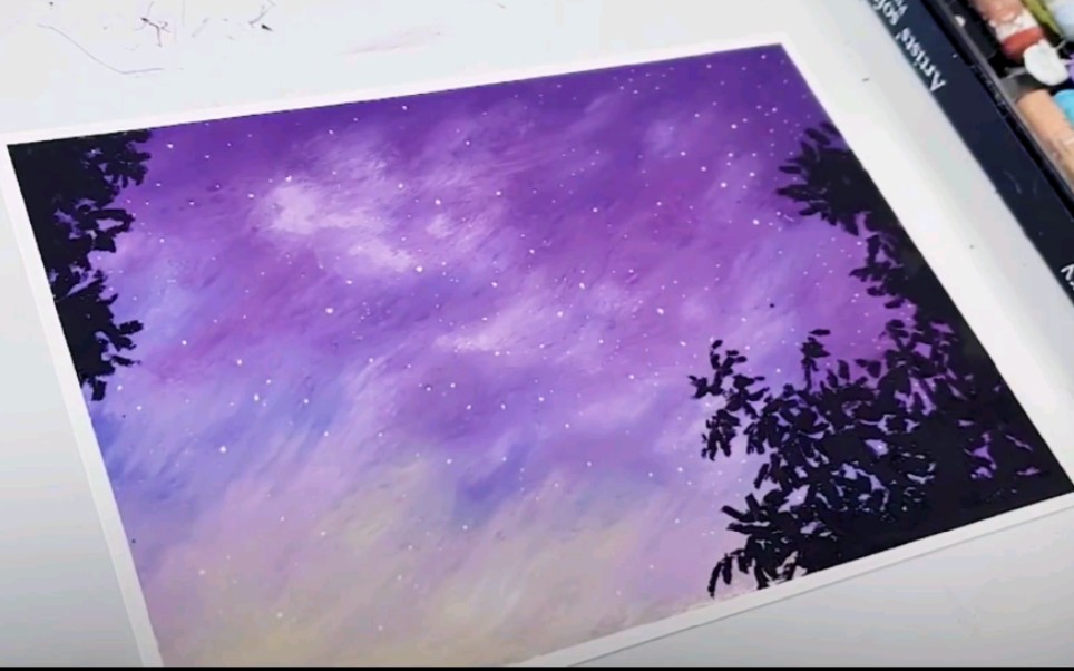 【油画棒】教新手用油画棒画粉紫色晚霞