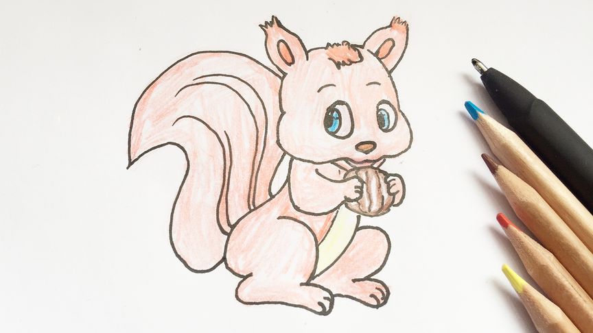 松鼠简笔画,这么可爱的小松鼠偷吃被发现了,把它画下来!