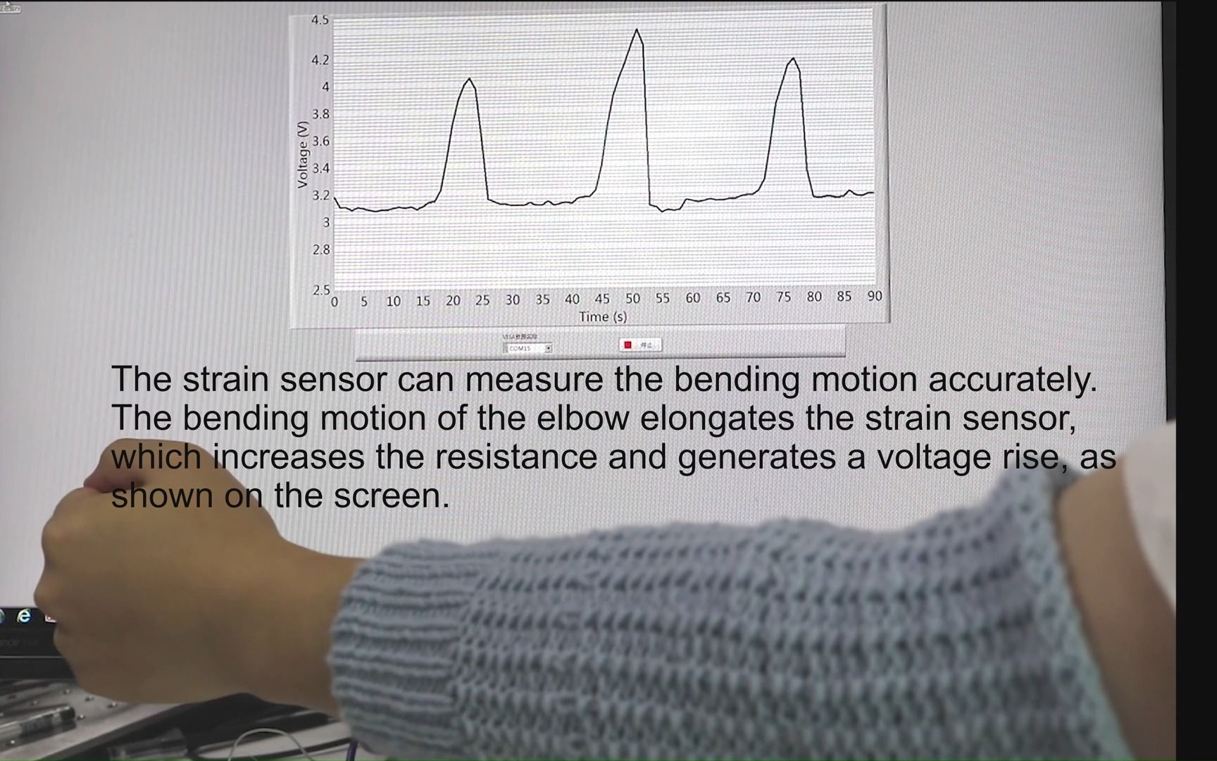 Elbow bending test for the thread-like soft strain sensor