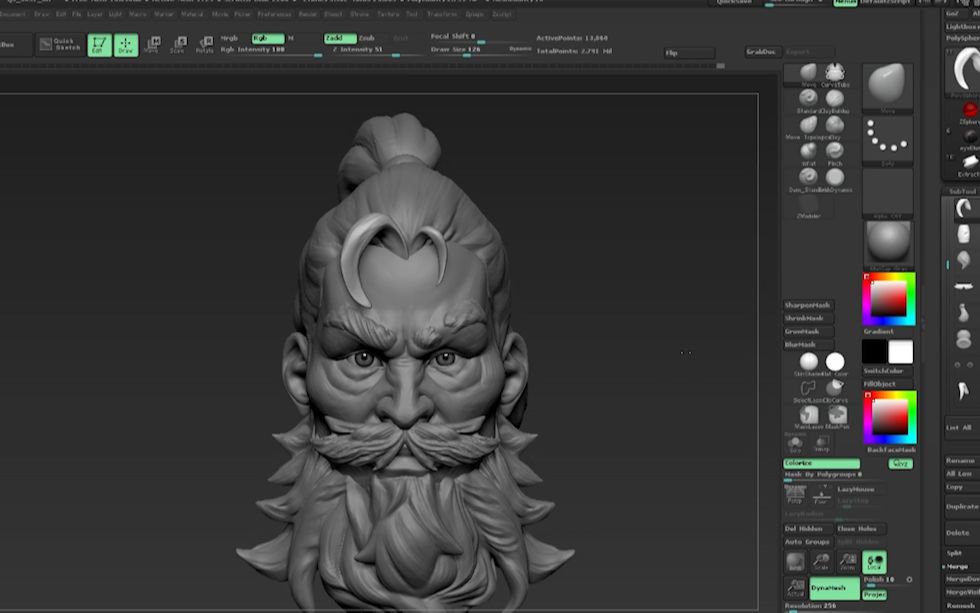 【zbrush人物雕刻基础教学】zbrush人物角色建模 头发胡子眉毛等毛发...