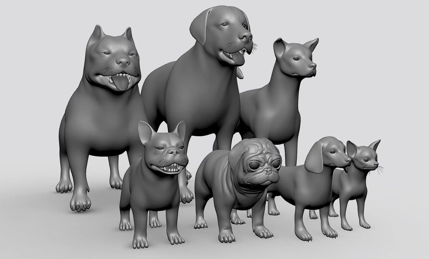 太狗了!7款斗牛犬哈巴狗布拉多犬家狗宠物狗类动物3D模型,基础白模