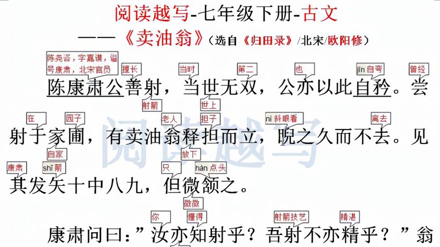 七年级下册文言文阅读:欧阳修《卖油翁》,讲述熟能生巧的道理