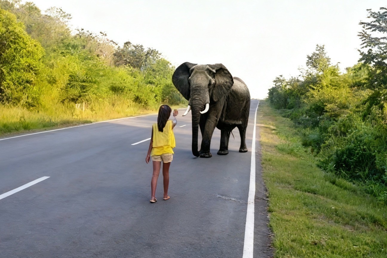大象误上公路,女孩伸手阻拦,接下来罕见的一幕发生了