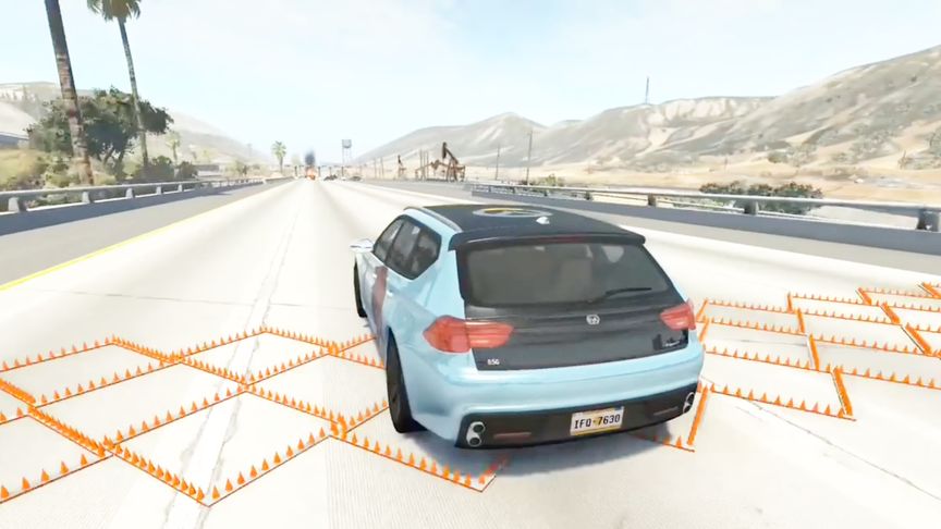BeamNG:连环车祸模拟,越野车开足马力高速冲过尖刺带撞向收费站