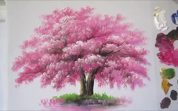 【手绘】丙烯画教程,樱花树 ,Acrylic Painting Techniques分享| 搬运