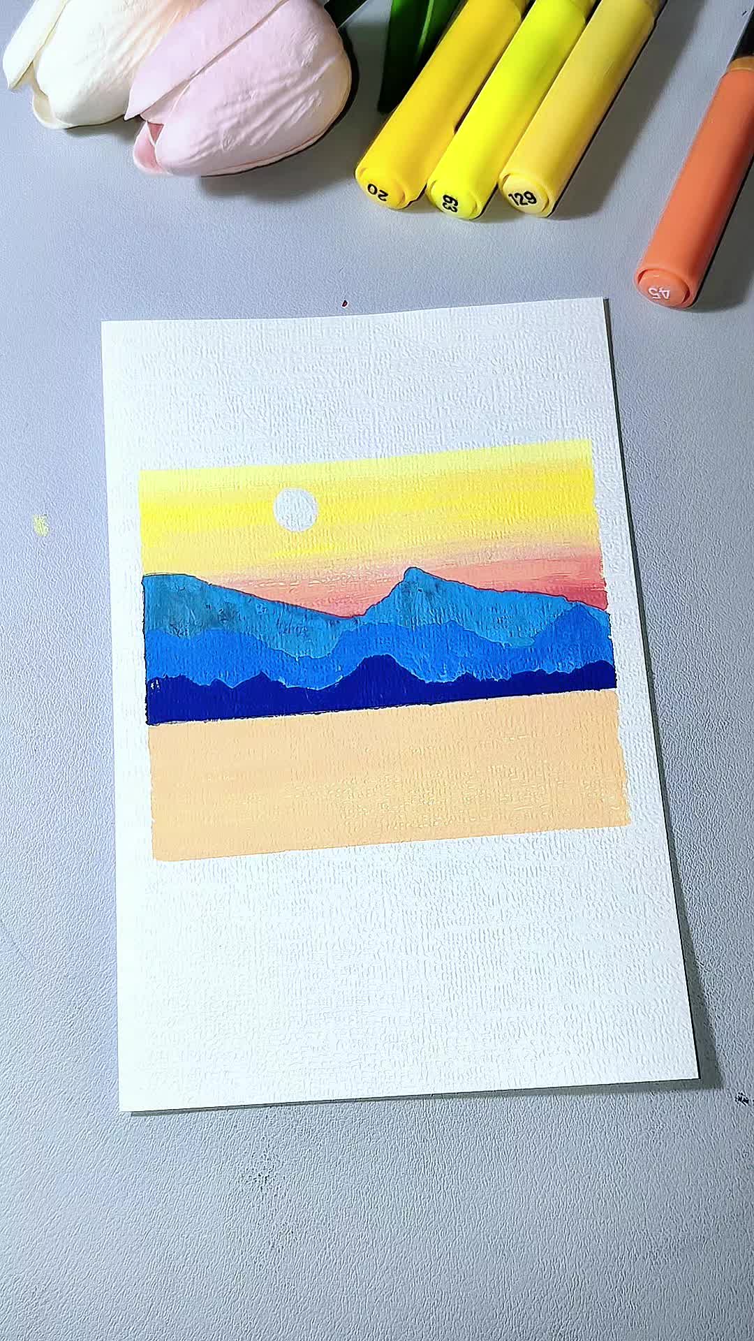 和爸爸比赛画日落,丙烯马克笔风景画,谁画的好看 #绘画 #画画教程