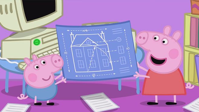 小猪佩奇和弟弟乔治画设计图制作美丽大房子
