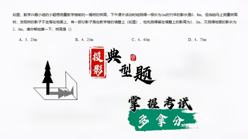 初三数学投影典型题:树的影子一部分落在墙上,该如何求树的高度