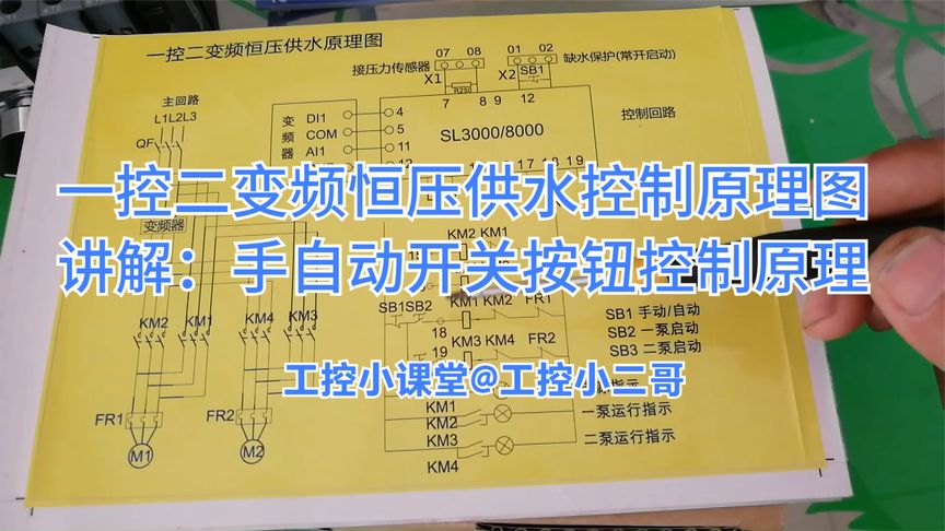 一控二变频恒压供水控制原理图讲解:手自动开关按钮控制原理