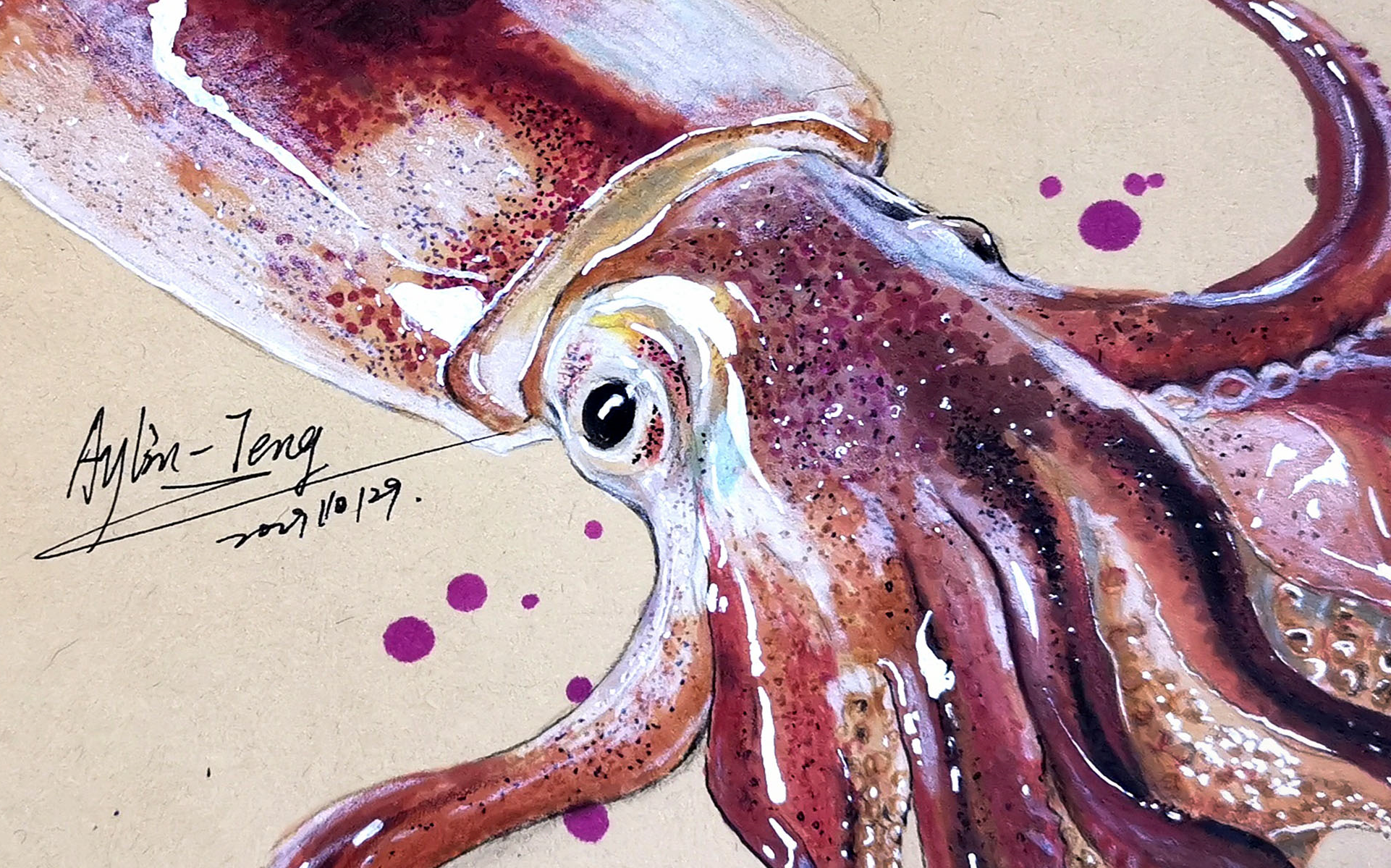 【手绘日常】克总发糖-马克笔彩铅画一个小鱿鱿,铺个色,加点细节,克总...