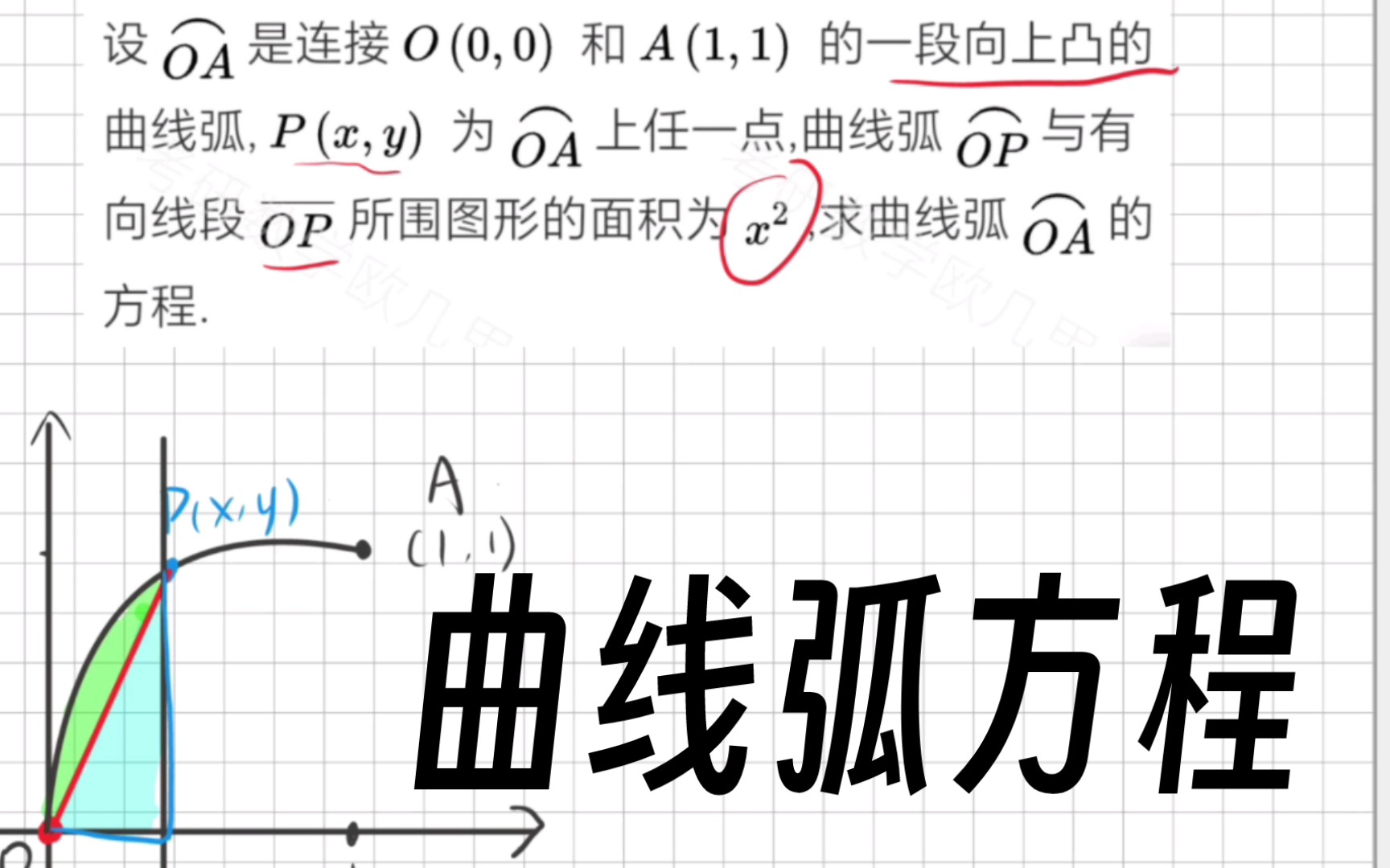 【微分方程】已知曲线弧与线段围成的面积,求曲线弧方程