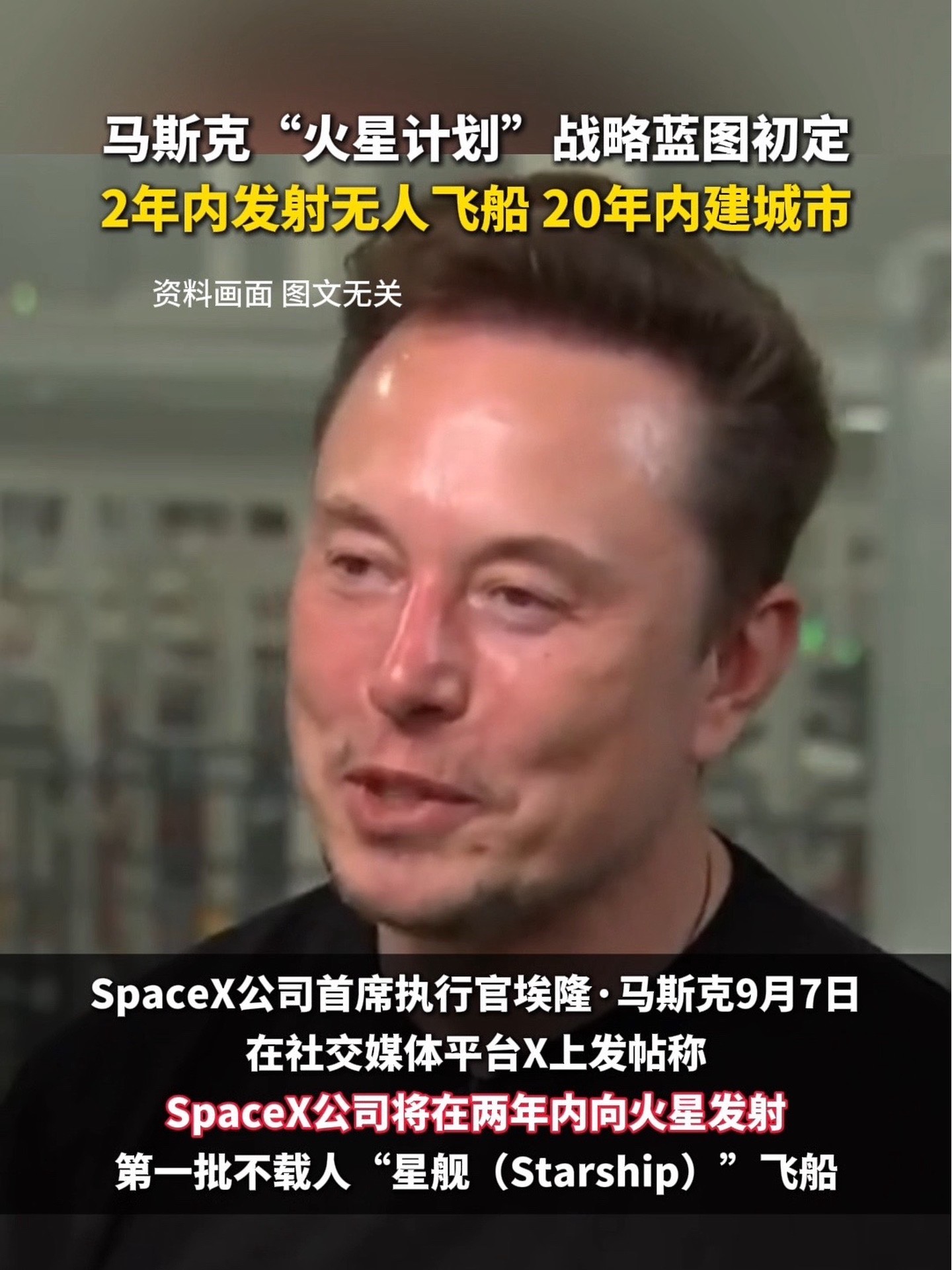 火星计划。2年内发射无人飞船20年内建城市