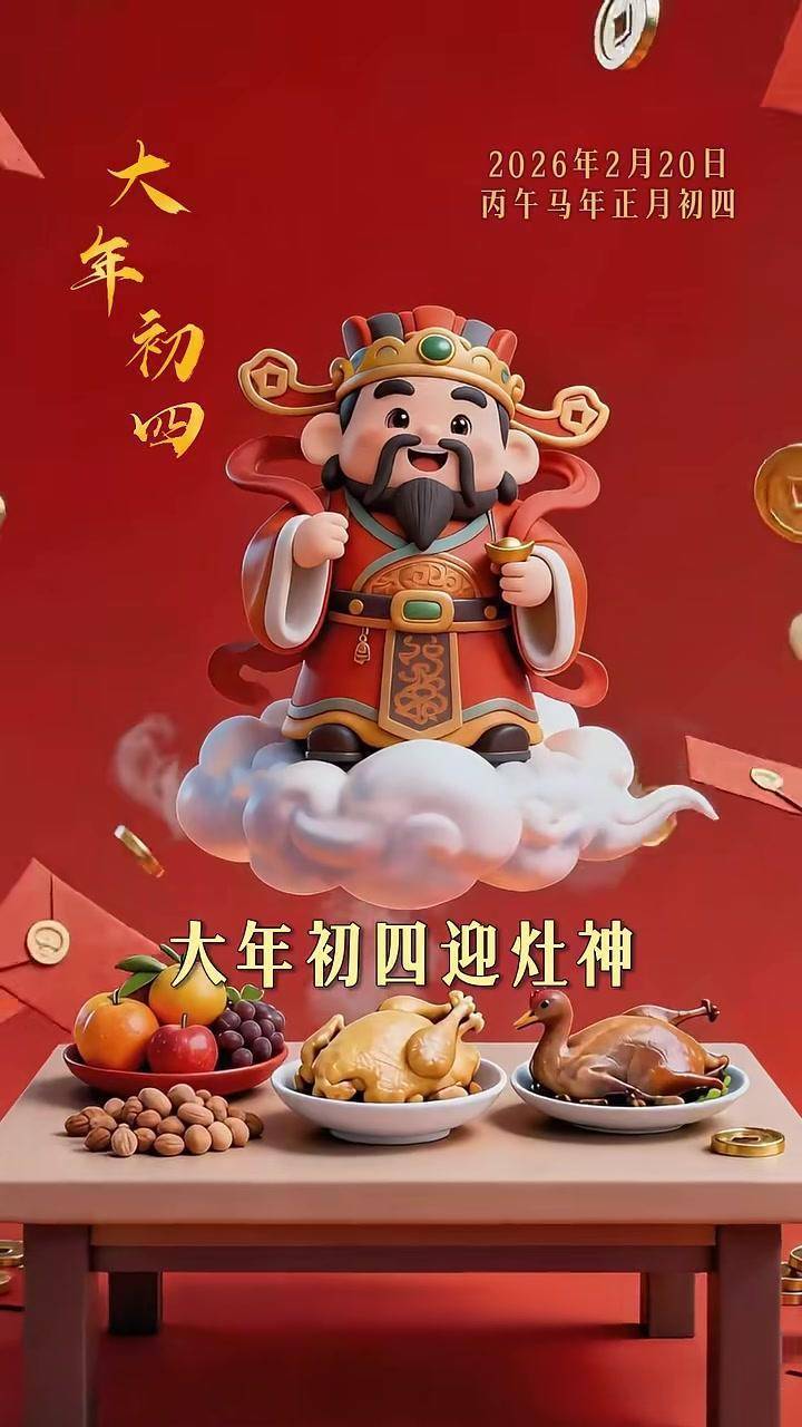 大年初四迎灶神,接福星。接住灶神的好福气,新的一年顺顺当当,福气...