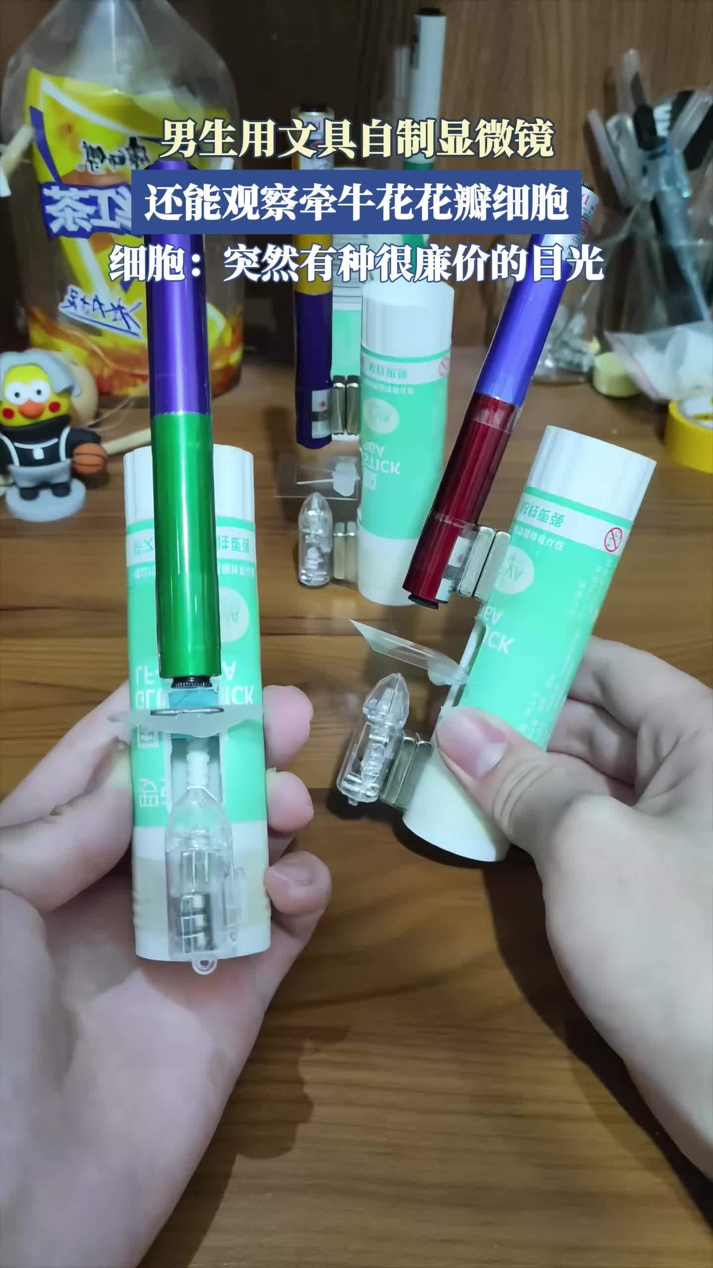 男生用文具自制显微镜,还能观察牵牛花花瓣细胞。