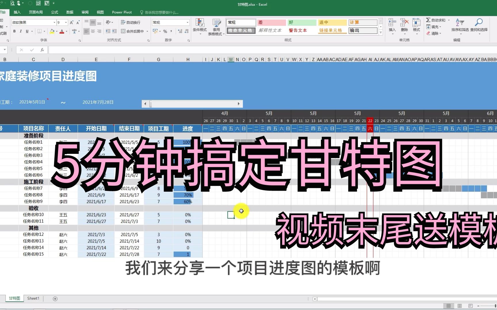 Excel小技巧,5分钟搞定甘特图,视频末尾有模板,一学就会