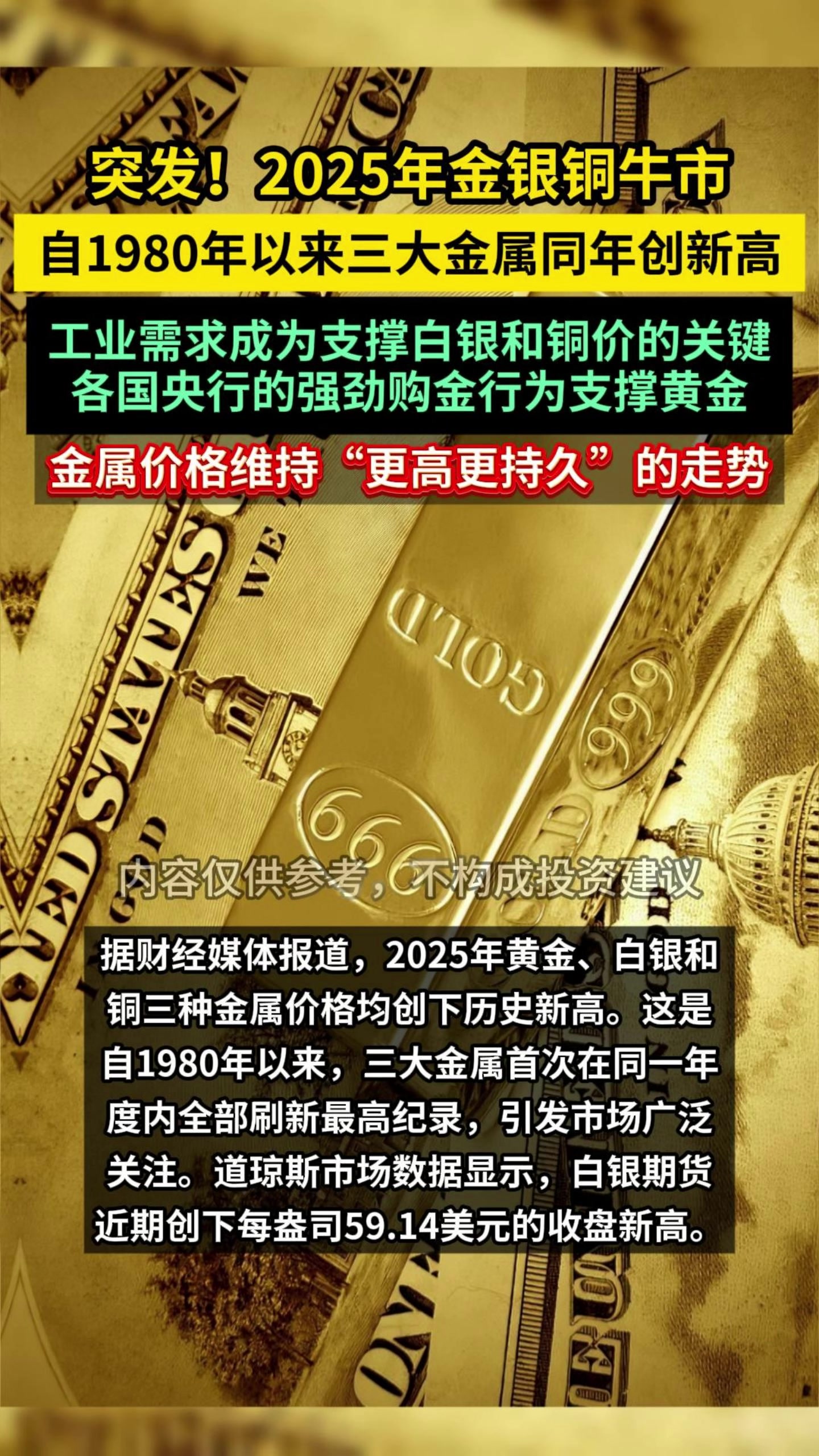 突发!金银铜价格45年来首次同年创新高!机构预测未来还要涨? #黄金 #...