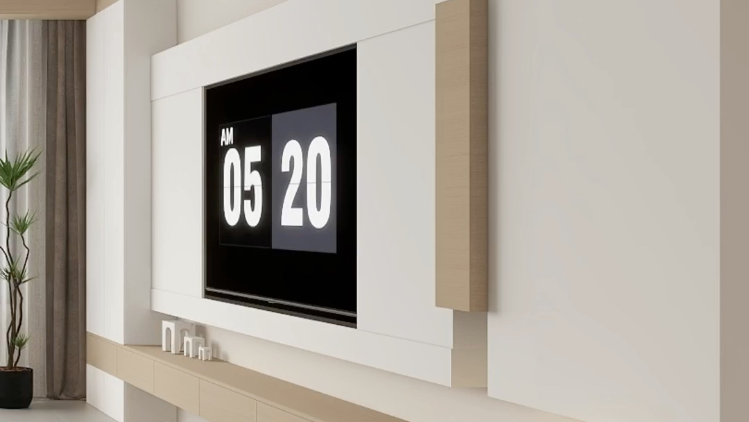 5.7米的电视背景墙现代原木风设计,干净的暖白+浅浅的木色,整体设计...