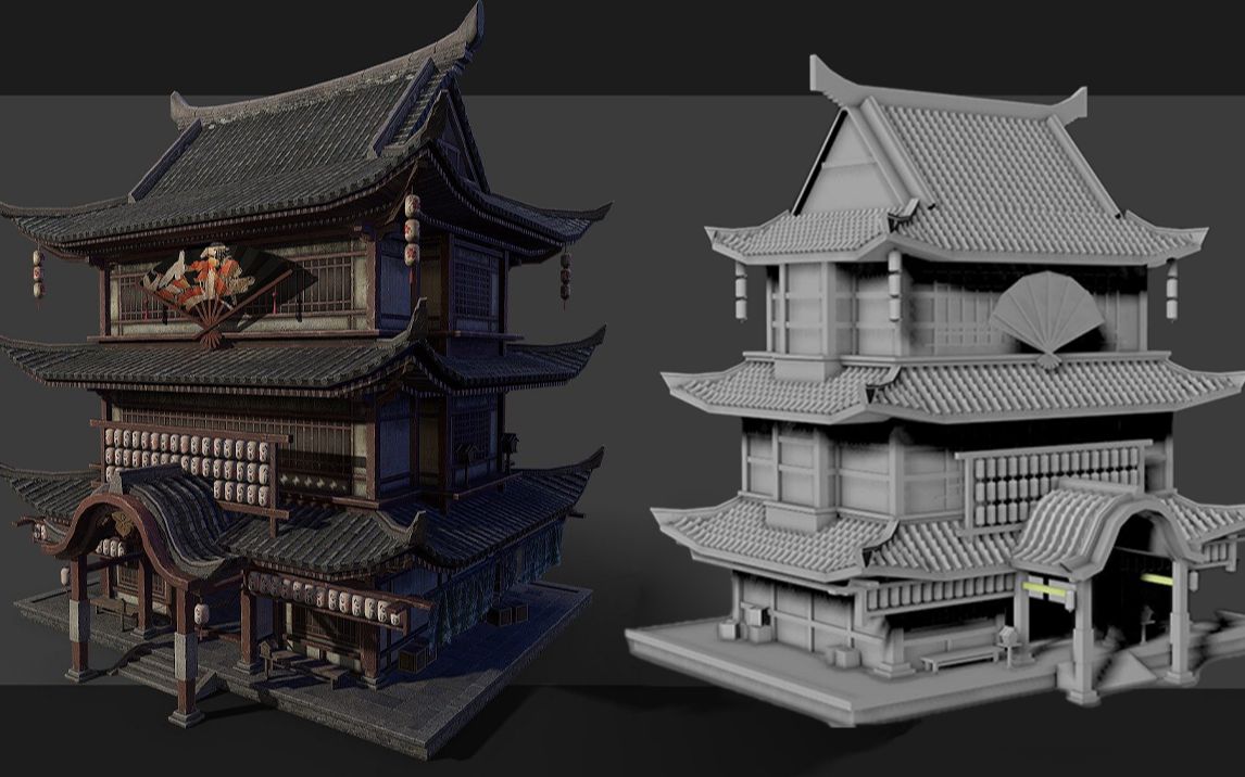 【3dmax建模】古代建筑模型搭建、古风场景细化技巧、3dmax新手教学