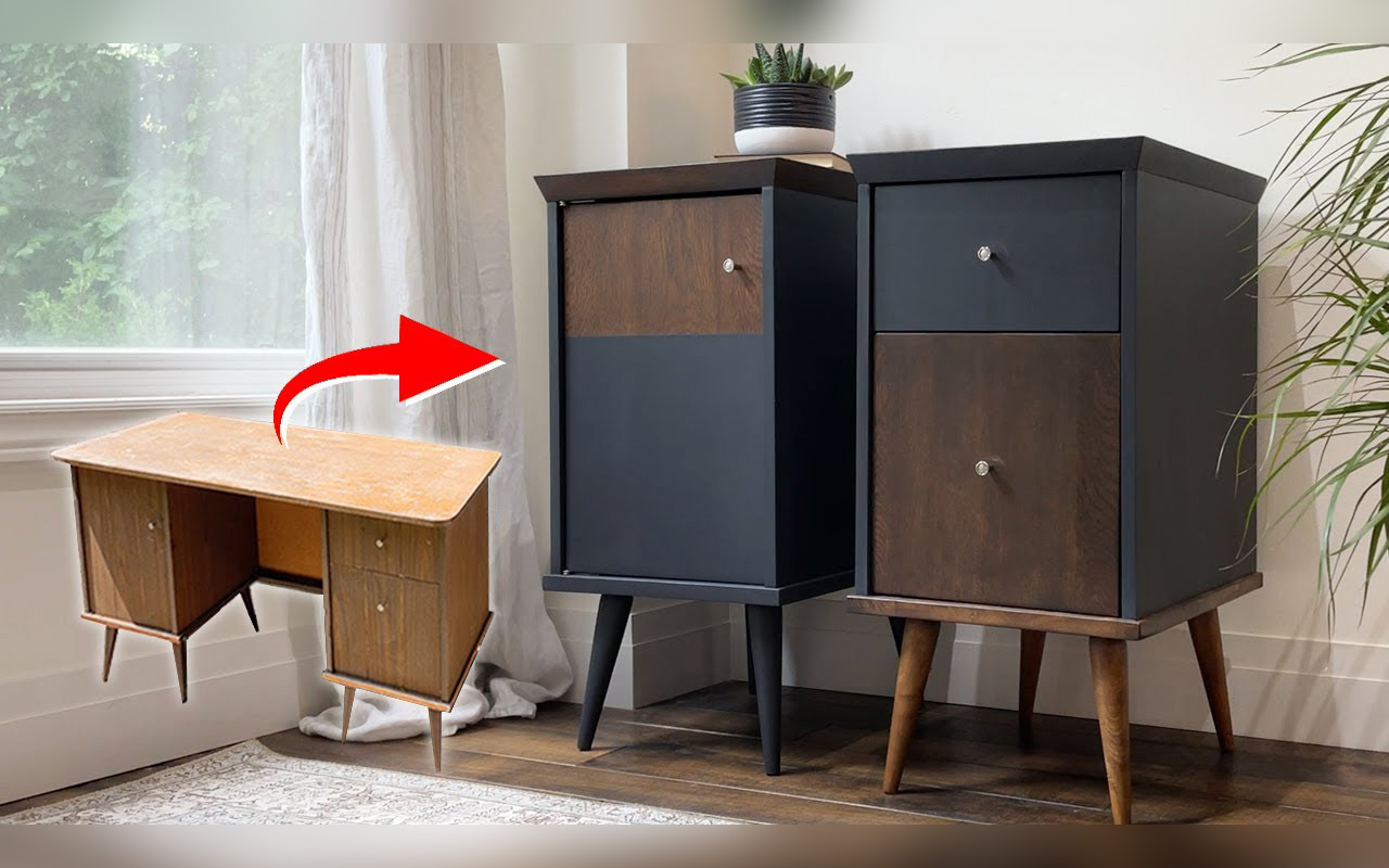 【家具翻新】拆分旧书桌改造成Mid-Century风格双人床头柜【Modern ...