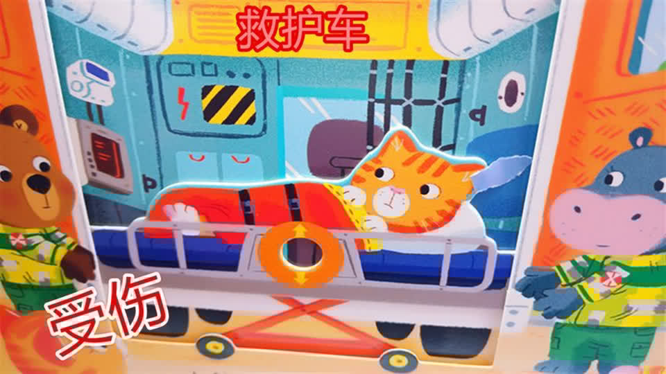 受伤的小猫用担架,抬上了救护车